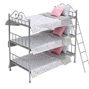 Badger Basket Toy Scrollwork Metal Triple Doll Bunk Bed with Ladder and Bedding for 18 inch Dolls - Silver/Pink