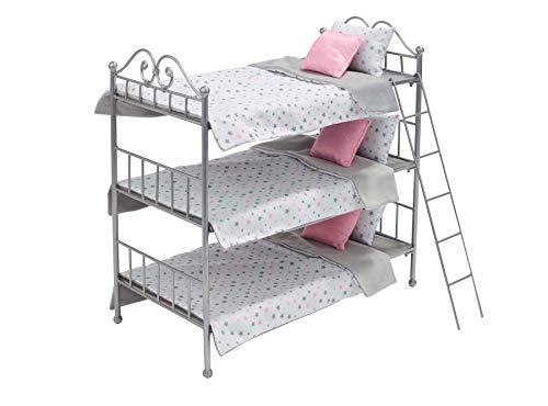 Badger Basket Toy Scrollwork Metal Triple Doll Bunk Bed with Ladder and Bedding for 18 inch Dolls - Silver/Pink