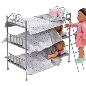 Badger Basket Toy Scrollwork Metal Triple Doll Bunk Bed with Ladder and Bedding for 18 inch Dolls - Silver/Pink