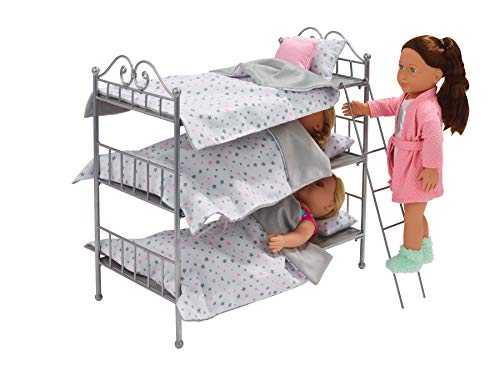 Badger Basket Toy Scrollwork Metal Triple Doll Bunk Bed with Ladder and Bedding for 18 inch Dolls - Silver/Pink