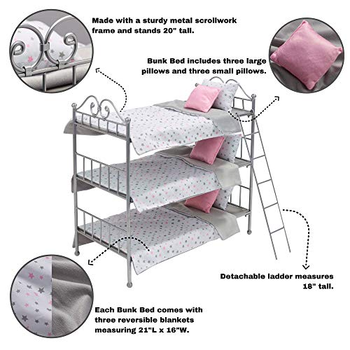 Badger Basket Toy Scrollwork Metal Triple Doll Bunk Bed with Ladder and Bedding for 18 inch Dolls - Silver/Pink