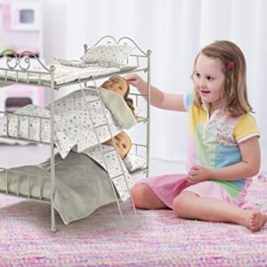 Badger Basket Toy Scrollwork Metal Triple Doll Bunk Bed with Ladder and Bedding for 18 inch Dolls - Silver/Pink