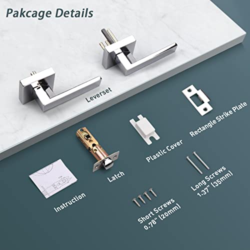 DECORITEN 5 Pack Heavy Duty Passage Door Levers Polished Chrome Interior Door Handles with Square Rosette, Straight Keyless Door Locks for Closet Hallway