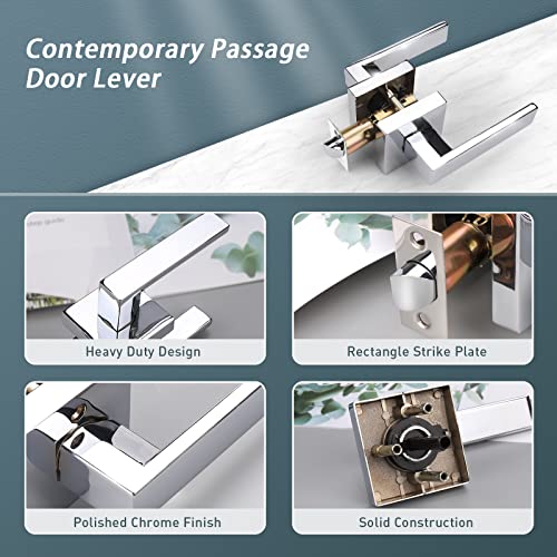 DECORITEN 5 Pack Heavy Duty Passage Door Levers Polished Chrome Interior Door Handles with Square Rosette, Straight Keyless Door Locks for Closet Hallway