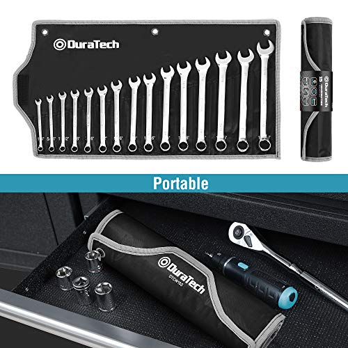 DURATECH Combination Wrench Set, SAE, 15-Piece, 1/4'' to 1-1/16'', 12-Point, CR-V Steel, with Rolling Pouch