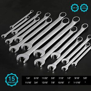 DURATECH Combination Wrench Set, SAE, 15-Piece, 1/4'' to 1-1/16'', 12-Point, CR-V Steel, with Rolling Pouch