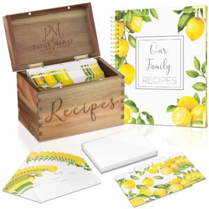 recipe box with cards and dividers - 50 4x6 lemon recipe cards, covers & personalized diy book - large 5x7 acacia wooden recipe card holder set - engraved farmhouse wood boxes & organizer for recipes