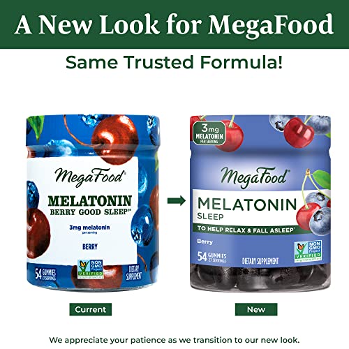 MegaFood Melatonin Gummies - Melatonin 3mg per Serving to Help Relax & Fall Asleep – Sleep Gummies for Adults - Berry Flavor, Non-GMO, Certified Vegan - 54 Gummies (27 Servings)