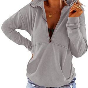 Floral Find Women's Long Sleeve Lapel Half Zip Up Sweatshirt Solid Stylish Loose Fit Casual Pullover Tops Grey