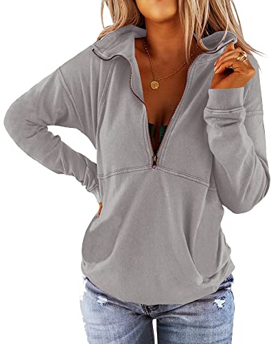 Floral Find Women's Long Sleeve Lapel Half Zip Up Sweatshirt Solid Stylish Loose Fit Casual Pullover Tops Grey