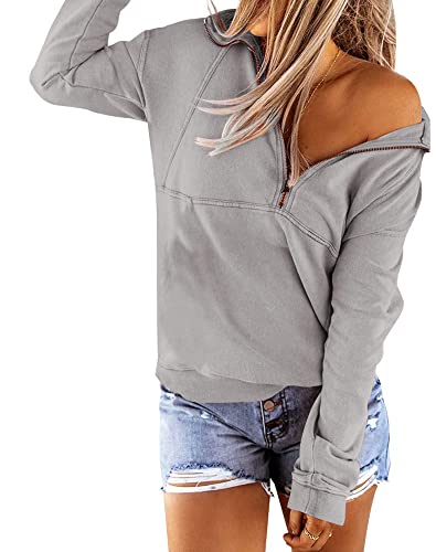 Floral Find Women's Long Sleeve Lapel Half Zip Up Sweatshirt Solid Stylish Loose Fit Casual Pullover Tops Grey