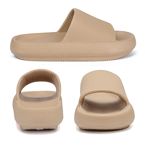 EQUICK Slippers for Women and Men Shower Quick Drying Bathroom Sandals Open Toe Soft Cushioned Extra Thick Non-Slip Massage Pool Gym House Slipper for Indoor & OutdoorU220SYSTX-Milk tea-44-45