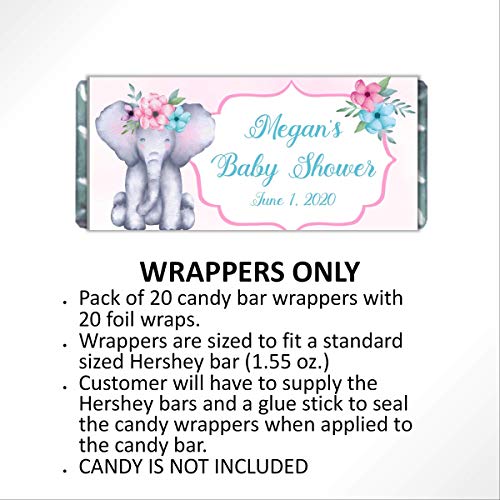 Elephant Theme Personalized Candy Bar Wrappers for Chocolate, Girl's Birthday Party Favors, Hershey Bar Labels, Pack of 20