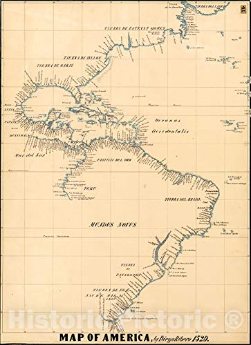 Historic 1529 Wall Map - Map of America by Diego Ribero 1529. 32in x 44in