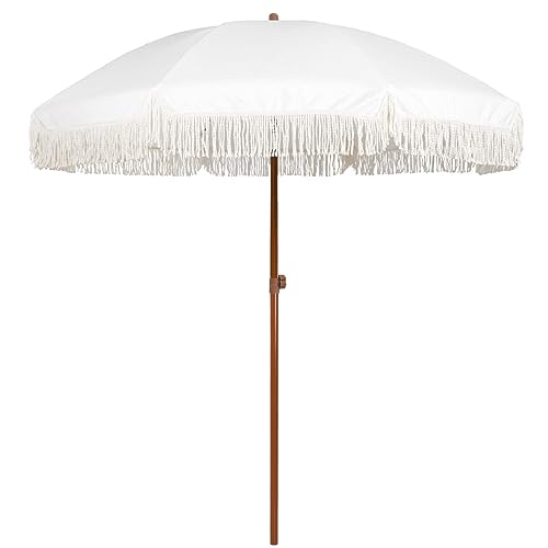 AMMSUN 7ft Patio Umbrella with Fringe Outdoor Tassel Umbrella UPF50+ Premium Steel Pole and Ribs Push Button Tilt,White Cream