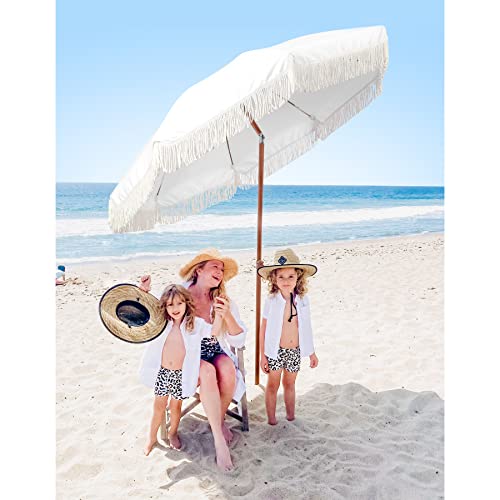 AMMSUN 7ft Patio Umbrella with Fringe Outdoor Tassel Umbrella UPF50+ Premium Steel Pole and Ribs Push Button Tilt,White Cream