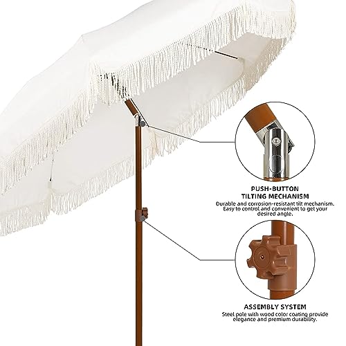 AMMSUN 7ft Patio Umbrella with Fringe Outdoor Tassel Umbrella UPF50+ Premium Steel Pole and Ribs Push Button Tilt,White Cream