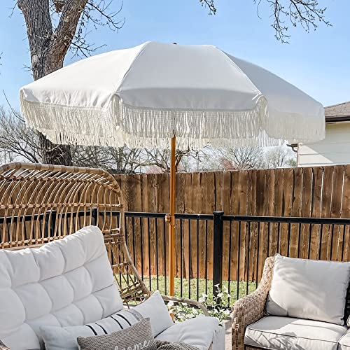 AMMSUN 7ft Patio Umbrella with Fringe Outdoor Tassel Umbrella UPF50+ Premium Steel Pole and Ribs Push Button Tilt,White Cream