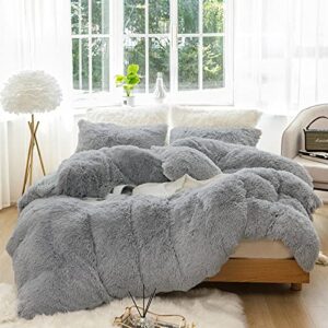 luoyuan plush shaggy duvet cover set 3 pieces aesthetic fluffy comforter cover set ultra soft crystal velvet（1 faux fur comforter cover + 2 faux fur pillowcases）,zipper closure(queen，light grey)