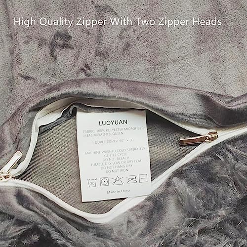 LUOYUAN Plush Shaggy Duvet Cover Set 3 Pieces Aesthetic Fluffy Comforter Cover Set Ultra Soft Crystal Velvet（1 Faux Fur Comforter Cover + 2 Faux Fur Pillowcases）,Zipper Closure(Queen，Light Grey)