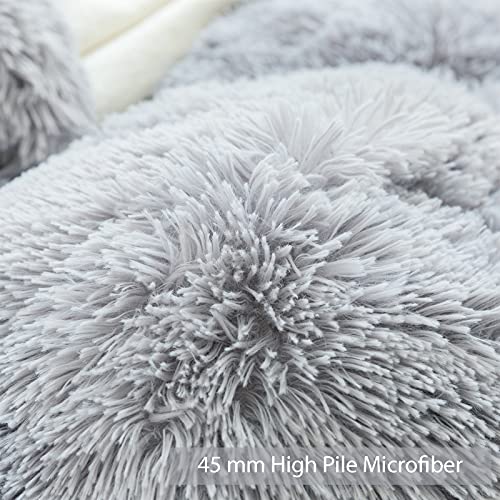 LUOYUAN Plush Shaggy Duvet Cover Set 3 Pieces Aesthetic Fluffy Comforter Cover Set Ultra Soft Crystal Velvet（1 Faux Fur Comforter Cover + 2 Faux Fur Pillowcases）,Zipper Closure(Queen，Light Grey)