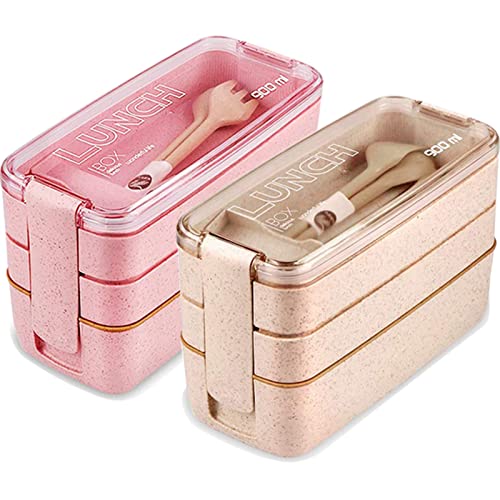 2 Pack Bento Lunch Box, Iteryn Stackable Bento Box, 3-In-1 Compartment - Wheat Straw, Leakproof Eco-Friendly Bento Lunch Box Meal Prep Containers