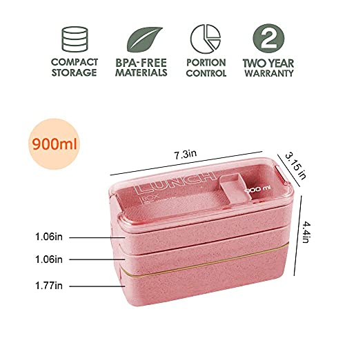 2 Pack Bento Lunch Box, Iteryn Stackable Bento Box, 3-In-1 Compartment - Wheat Straw, Leakproof Eco-Friendly Bento Lunch Box Meal Prep Containers