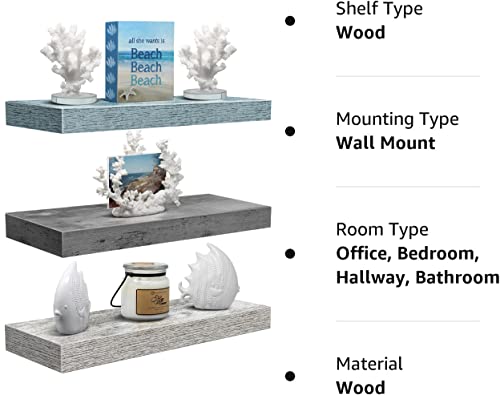 Sorbus Floating Shelves for Wall - 3 Pack Coastal Beach Wall Decor for Bedroom, Bathroom, Living Room, Office, Home & Kitchen - White/Grey/Blue Rustic Wood Hanging Wall Shelf for Books, Frames, Trophy