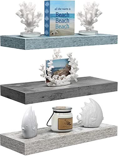 Sorbus Floating Shelves for Wall - 3 Pack Coastal Beach Wall Decor for Bedroom, Bathroom, Living Room, Office, Home & Kitchen - White/Grey/Blue Rustic Wood Hanging Wall Shelf for Books, Frames, Trophy