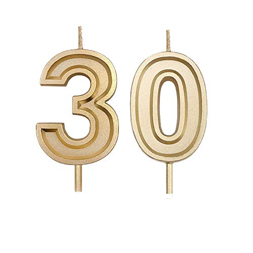 Bailym 30th Birthday Candles, Gold Number 30 Cake Topper for Birthday Decorations Party Decoration