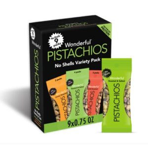 wonderful pistachios no shells, 3 flavors mixed variety pack of 9 (0.75 ounce), roasted & salted nuts (4), chili roasted (3), honey roasted (2), protein snack, on-the go snack