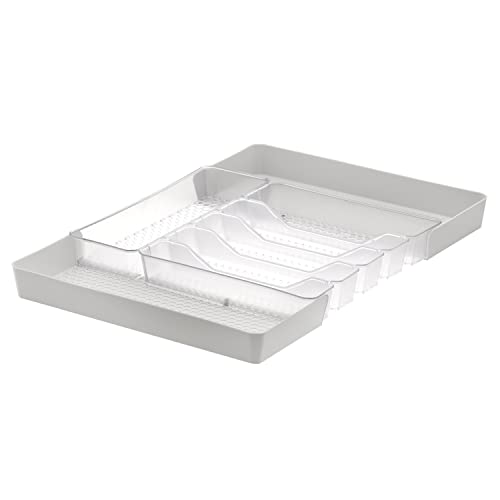 Spectrum Diversified Hexa Expandable Divided Drawer Organizer Tray Modern Kitchen Cutlery, Utensil, Silverware Holder, Cabinet Storage, 13 x 16, Clear Frost/Stone Gray