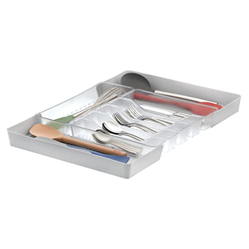 Spectrum Diversified Hexa Expandable Divided Drawer Organizer Tray Modern Kitchen Cutlery, Utensil, Silverware Holder, Cabinet Storage, 13 x 16, Clear Frost/Stone Gray