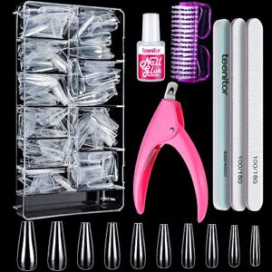 clear coffin nail tips set, teenitor long acrylic nail tip full cover clear press on nails, 600pcs ballerina false nails tips with nail glue, acrylic nail clipper files and buffer polisher nail brush for beginners