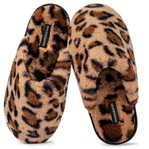 snug leaves women's fuzzy house memory foam slippers cute furry leopard print faux fur lined closed toe indoor slides bedroom slip on shoes with soft rubber sole (brown, size 7-8)