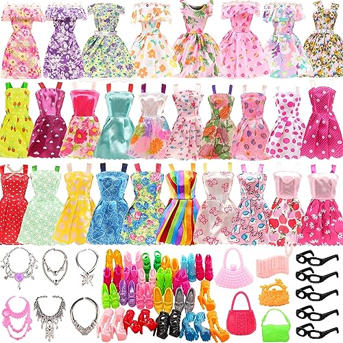 BM 41 Pieces Doll Clothes and Accessories for 11.5 Inch Girl Doll Include 15 Pcs Party Floral Dresses, 10 Pcs Shoes, 5 Pcs Bags, 11 Pcs Different Doll Accessories