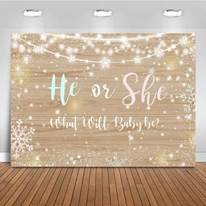 avezano winter gender reveal backdrop, 7x5ft vinyl rustic wood snowflake gender reveal party decorations twinkle lights gender reveal banner photography background