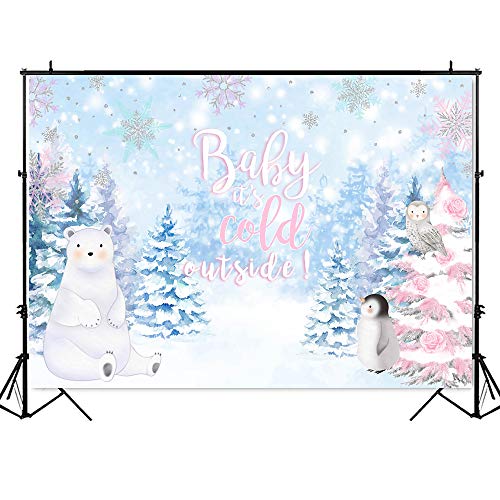 Avezano Winter Wonderland Baby Shower Backdrop 7x5ft Vinyl Baby It's Cold Outside Party Decorations Winter Snow Polar Bear and Penguin Baby Shower Banner Photography Background