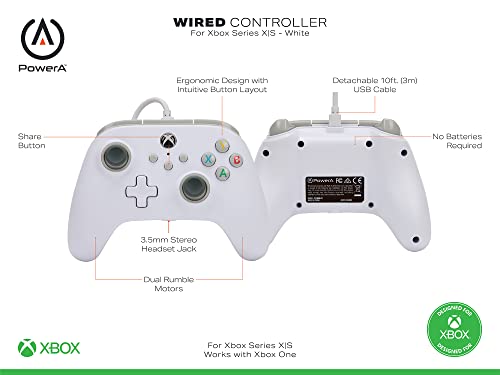 PowerA Wired Controller for Xbox Series X|S - White, gamepad, video game / gaming controller, works with Xbox One