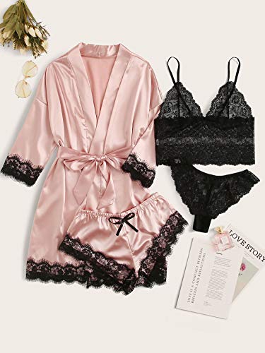 WDIRARA Women' Silk Satin Pajamas Set 4pcs Lingerie Floral Lace Cami Sleepwear with Robe Pink L