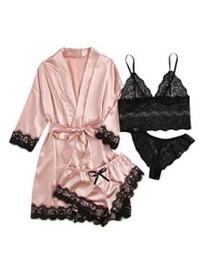 wdirara women' silk satin pajamas set 4pcs lingerie floral lace cami sleepwear with robe pink l