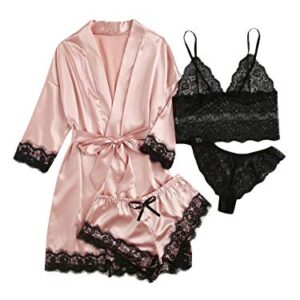 WDIRARA Women' Silk Satin Pajamas Set 4pcs Lingerie Floral Lace Cami Sleepwear with Robe Pink L