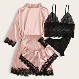 WDIRARA Women' Silk Satin Pajamas Set 4pcs Lingerie Floral Lace Cami Sleepwear with Robe Pink L