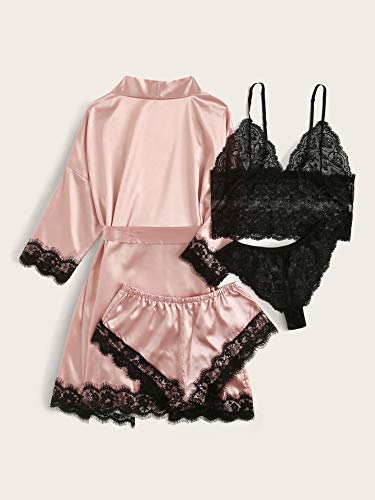 WDIRARA Women' Silk Satin Pajamas Set 4pcs Lingerie Floral Lace Cami Sleepwear with Robe Pink L