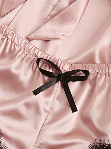 WDIRARA Women' Silk Satin Pajamas Set 4pcs Lingerie Floral Lace Cami Sleepwear with Robe Pink L