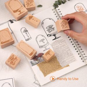 RISYPISY Mushroom Wooden Rubber Stamps, 10pcs Specimen Bottle Rubber Stamps & 12 Sheets Jar Shape Cards for Card Making, DIY Craft, Scrapbooking, Diary Decor