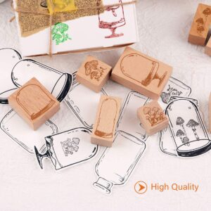 RISYPISY Mushroom Wooden Rubber Stamps, 10pcs Specimen Bottle Rubber Stamps & 12 Sheets Jar Shape Cards for Card Making, DIY Craft, Scrapbooking, Diary Decor