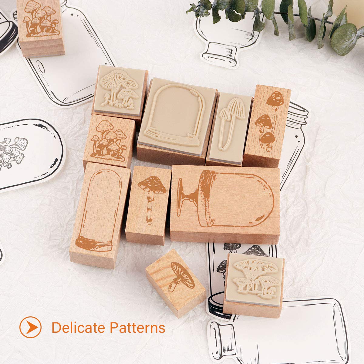 RISYPISY Mushroom Wooden Rubber Stamps, 10pcs Specimen Bottle Rubber Stamps & 12 Sheets Jar Shape Cards for Card Making, DIY Craft, Scrapbooking, Diary Decor