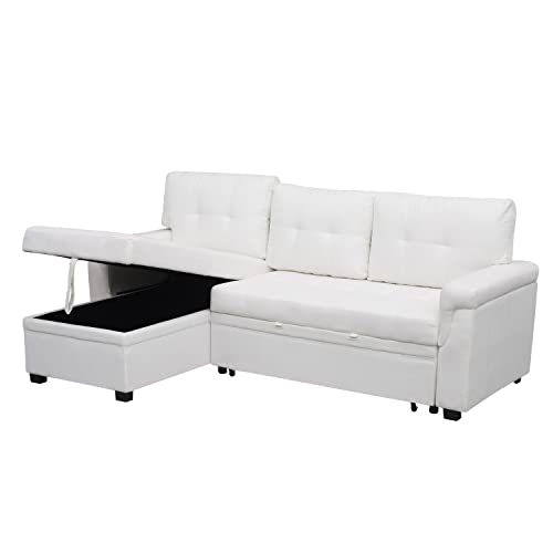 Naomi Home Laura Sectional Sleeper Sofa with Pull Out Bed, Reversible Sleeper Sectional Sofa Bed, Best Sleeper Sofa Couch with 168L Storage, L-Shape Pull Out Couch Bed Sleeper Sofa – Velvet/White