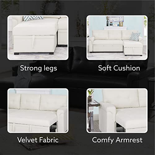 Naomi Home Laura Sectional Sleeper Sofa with Pull Out Bed, Reversible Sleeper Sectional Sofa Bed, Best Sleeper Sofa Couch with 168L Storage, L-Shape Pull Out Couch Bed Sleeper Sofa – Velvet/White